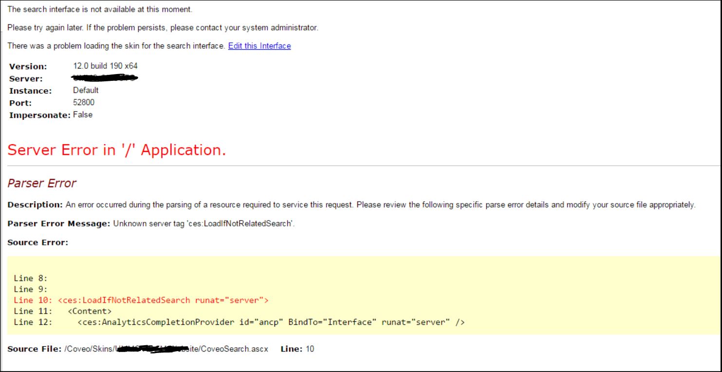 Getting “Unknown server tag 'ces:LoadIfNotRelatedSearch' “ parser error message when accessing ...
