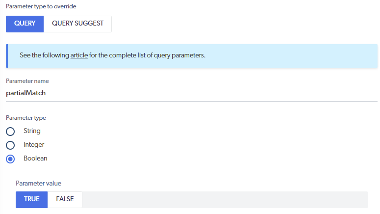 How to enable Partial Match in the Query Pipeline using a query parameter override