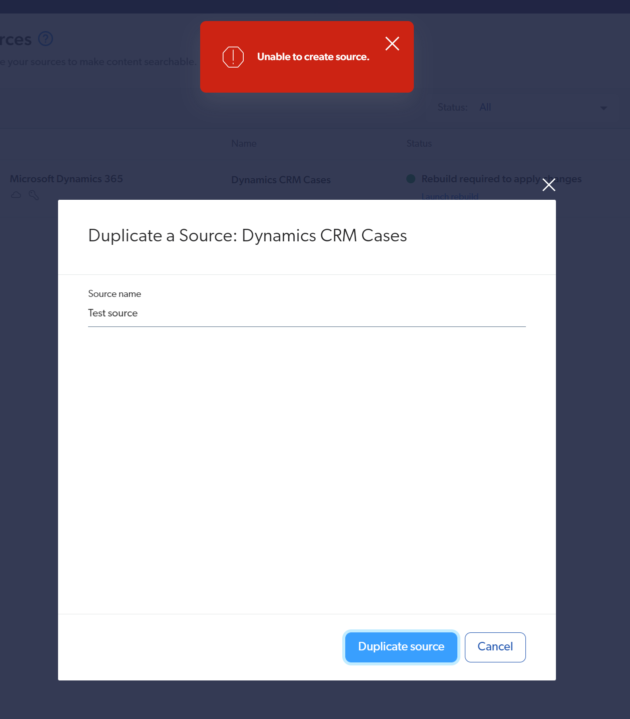 Error on duplicating Microsoft Dynamics 365 Source - Unable to create source