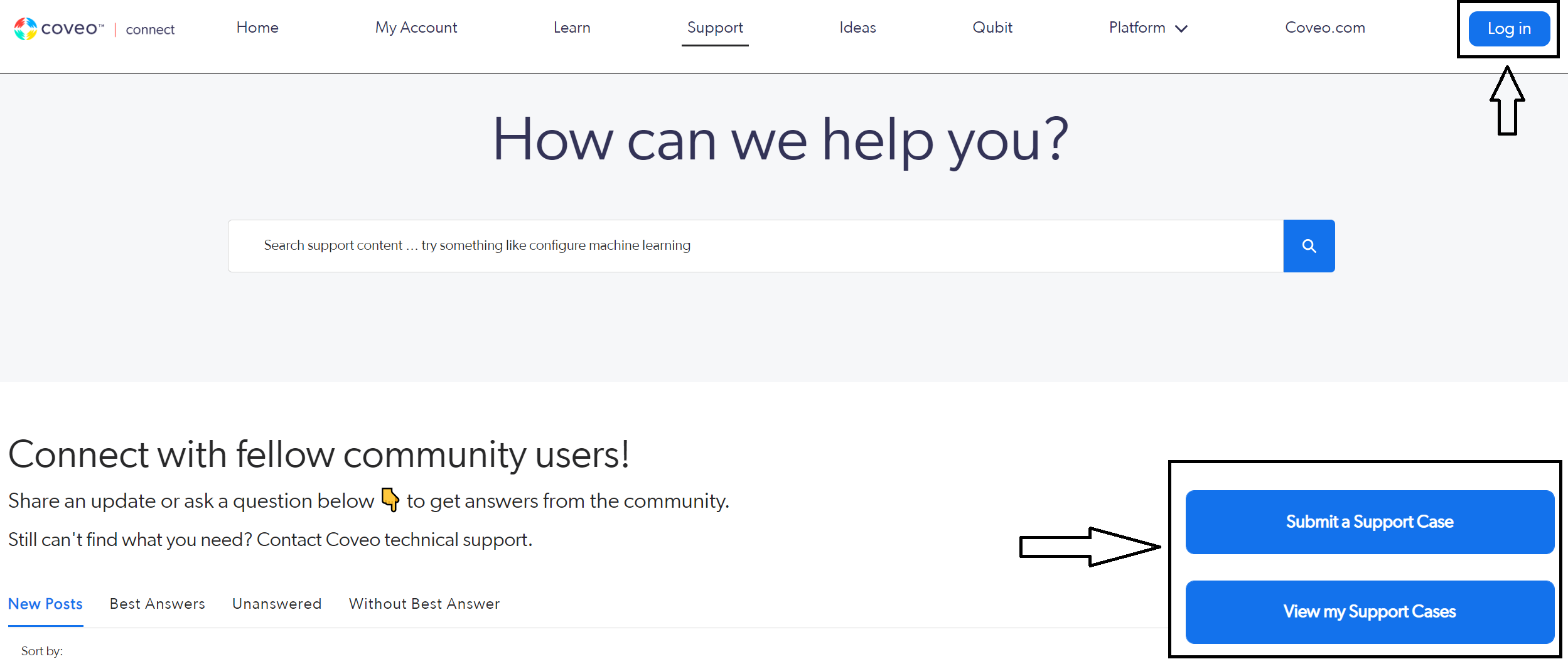 How to open and manage Support cases within the Coveo Community page?