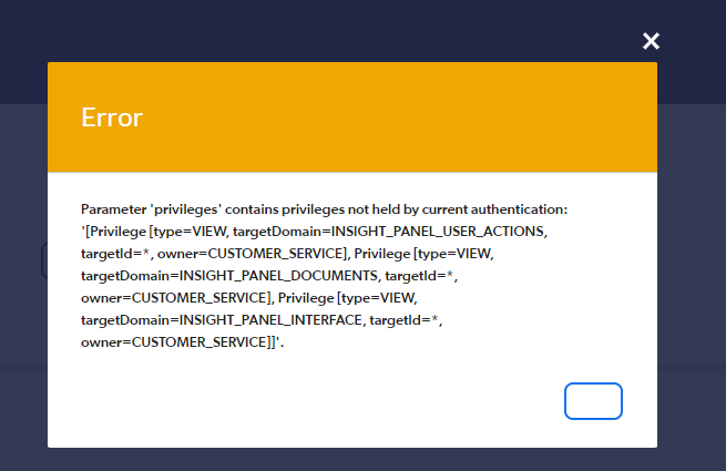 "Parameter 'privileges' contains privileges not held by current authentication" Error when ...